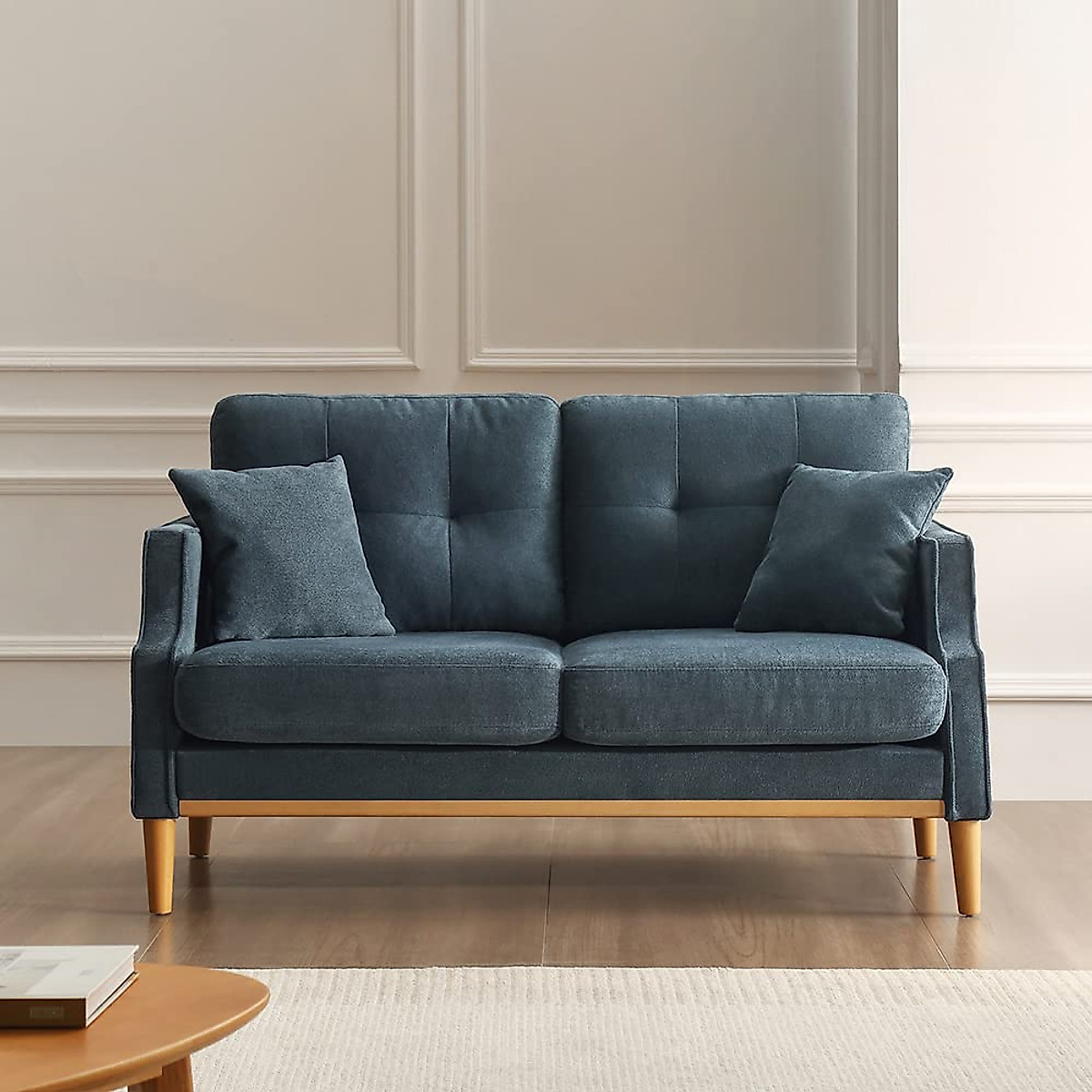 ARUGOU 56.7" W Loveseat Sofa, Love Seat Couch with USB Charge Port and 2 Pillows, Comfortable Thickness Cushion and Waterproof Fabric, Easy to Install 2 Seat Couches for Living Room, Bedroom (Blue)