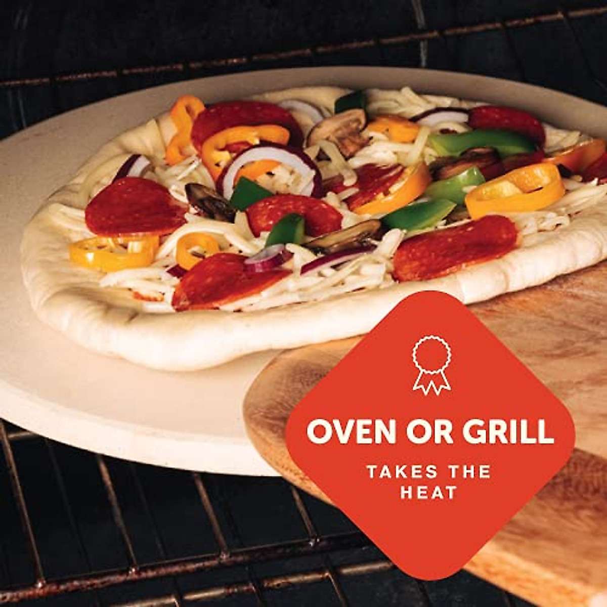 Cast Elegance Durable Thermal Shock Resistant Thermarite Pizza Stone & Baking Stone for Oven & Grill, Includes Wooden Pizza Paddle, Recipe E-Book & Cleaning Scraper, Large,14x16 inch, 5/8th inch Thick