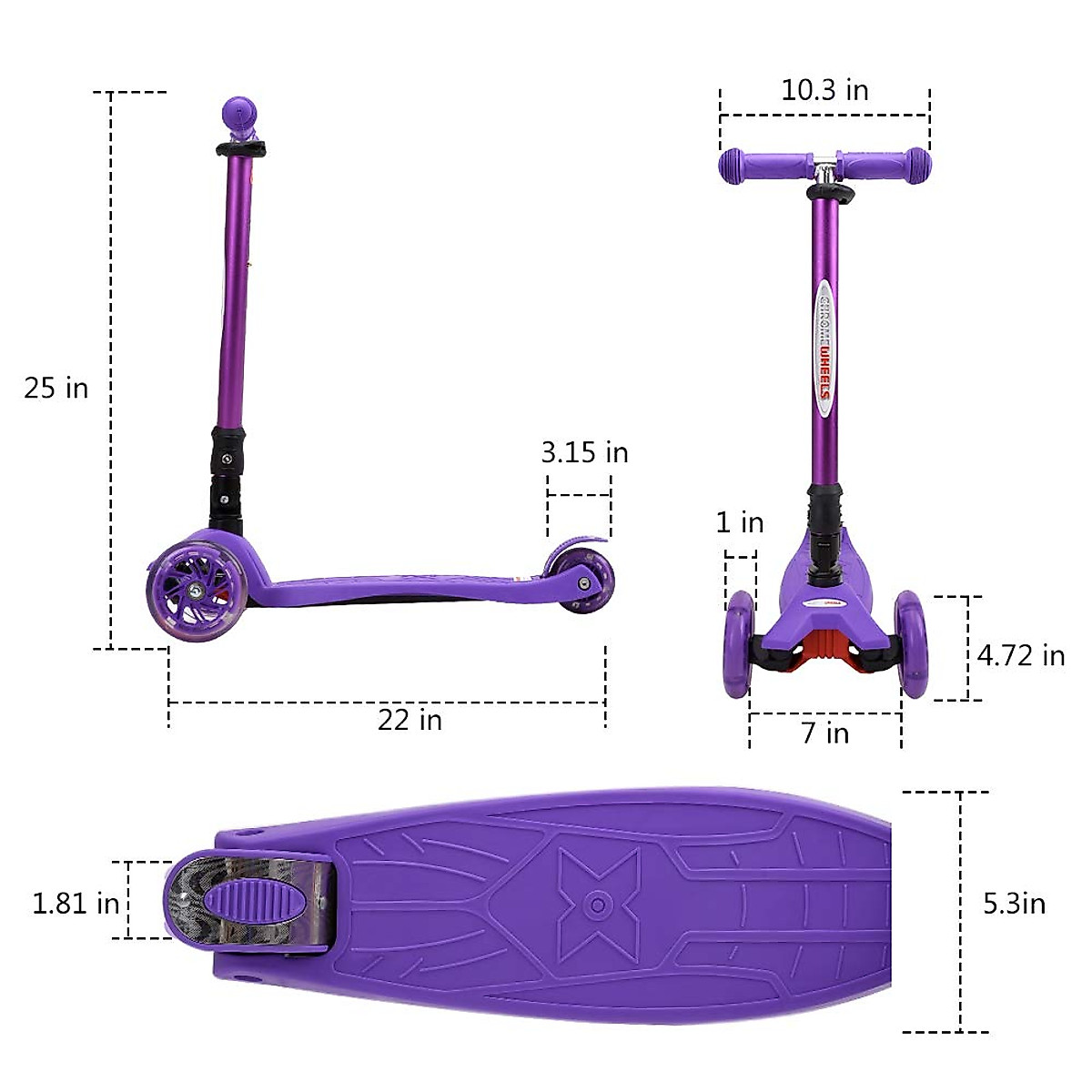 ChromeWheels Scooters for Kids, Deluxe Kick Scooter Foldable 4 Adjustable Height 132lbs Weight Limit 3 Wheel, Lean to Steer LED Light Up Wheels, Best Gifts for Girls Boys Age 3-12 Year Old, Purple
