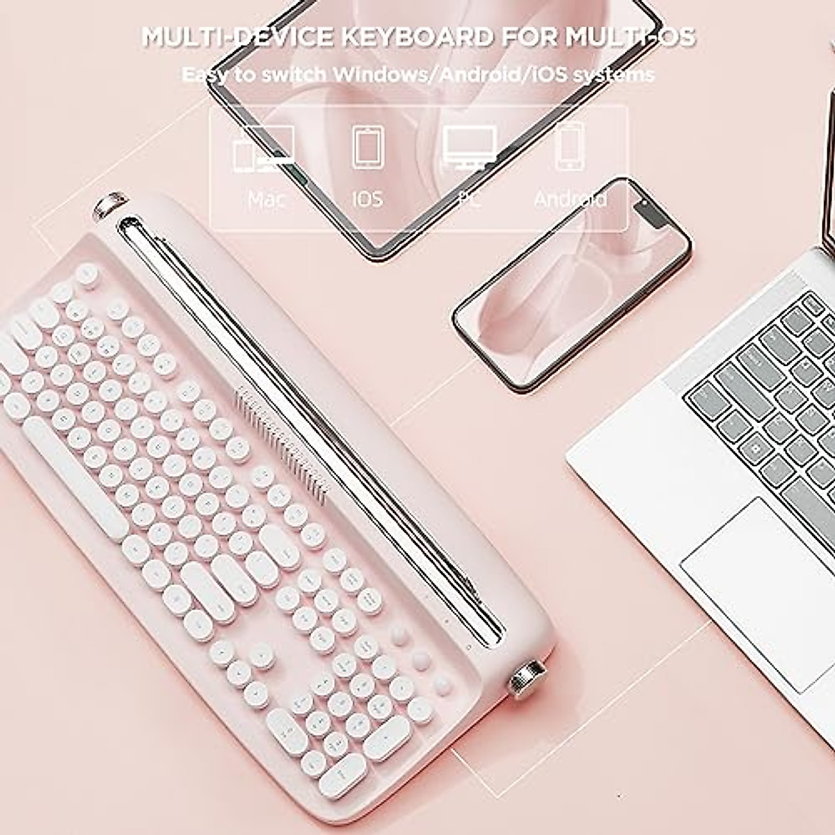 YUNZII ACTTO B503 Wireless Typewriter Keyboard, Bluetooth Connection, Cute Retro Aesthetic Design with Integrated Stand for Tablet, Phone, PC and Win/Mac/Android (B503, Baby Pink)
