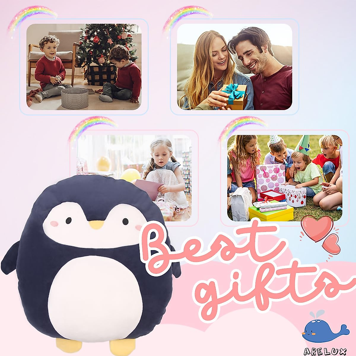 ARELUX Penguin Plush Cuddle Pillow Cute Penguin Stuffed Animal Plush Toy Penguin Plushies Room Decor Festival Penguin Accompany Christmas Birthday Gifts for Kids Boys Girls 16inch