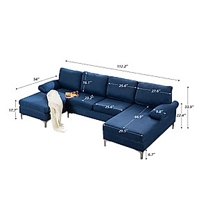 MELLCOM Modern U-Shape Sectional Sofa, Soft Linen Fabric Sectional Couch, Double Wide Chaise Lounge Couch with Modern Metal Feet for Apartment Living Room, Blue
