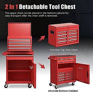 DORTALA 2 in 1 Tool Chest & Cabinet w/ 5 Sliding Drawers, Rolling Garage Box Organizer, Lockable Tool Box, Detachable Tool Organizer, Tool Cabinet Cart Workshop Trolley on Wheels, Red