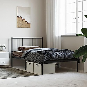 vidaXL Sturdy Steel Bed Frame - Single Bed, Headboard Included, Extra Under Bed Storage Space, Optimal Mattress Support, Easy Assembly, Black Finish 39.4"x74.8"