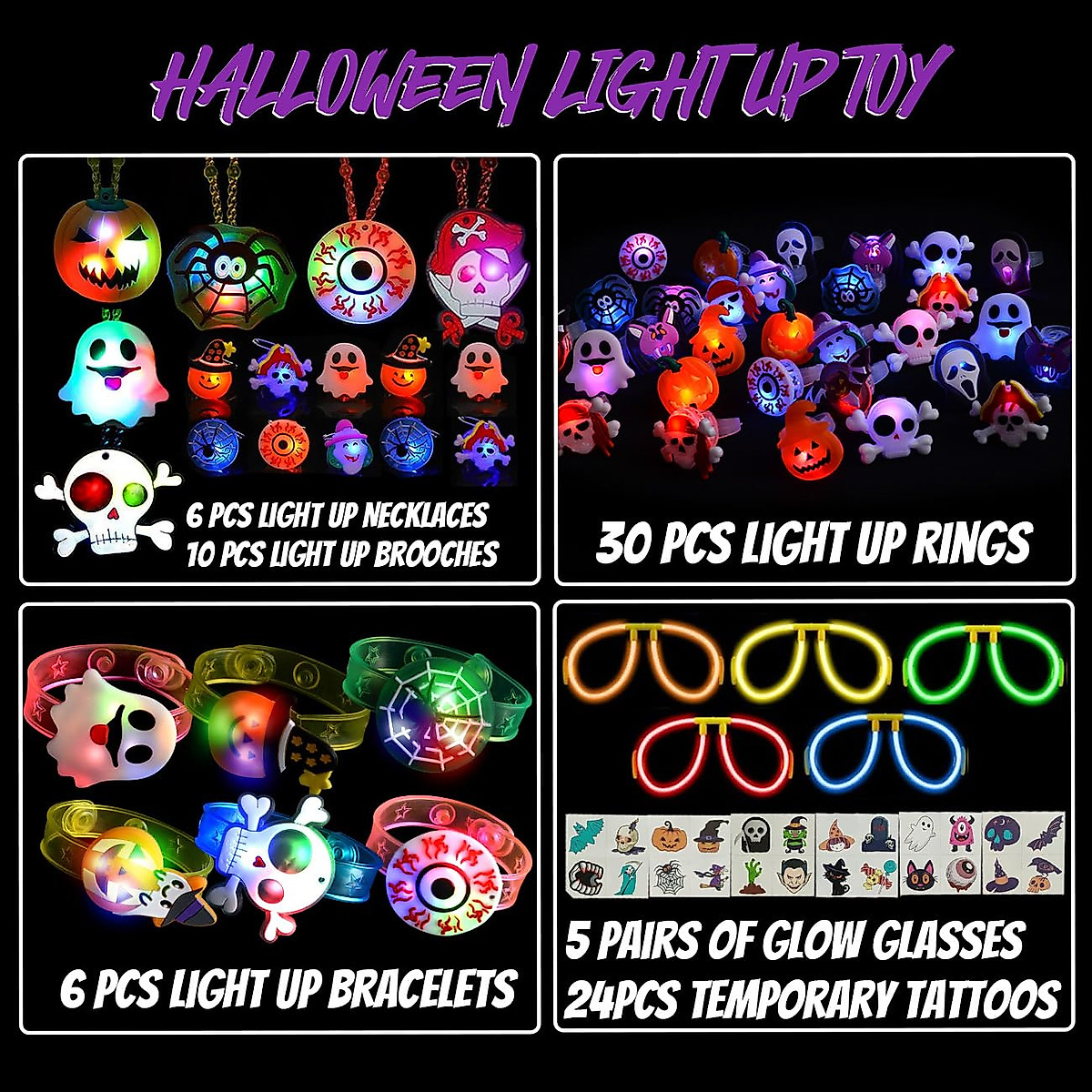 WUYEE 80PCS Halloween Party Favors for Kids, Glow in The Dark Halloween Toys Light Up Rings, Halloween Goodie Bag Fillers for Non Candy Halloween Treats Party Supplies Trick or Treat