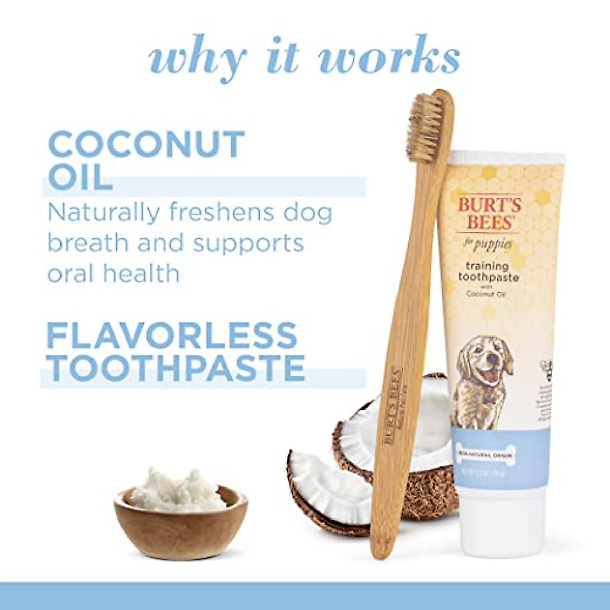 Burt's Bees Natural Oral Care Kit for Puppies, Flavorless, 2.5 oz Tube and Bamboo Brush| Puppy Training Toothbrush and Toothpaste with Coconut Oil (2.5 oz)