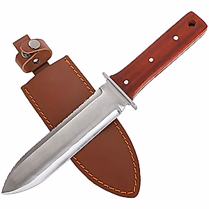 Hori Hori Garden Soil Knife Heavy Duty Weeding, Digging and Gardening Tools with 7 inch Double Edge Sharp Japanese Blade Leather Sheath, Full Tang Wood Handle Manual Sod Cutter