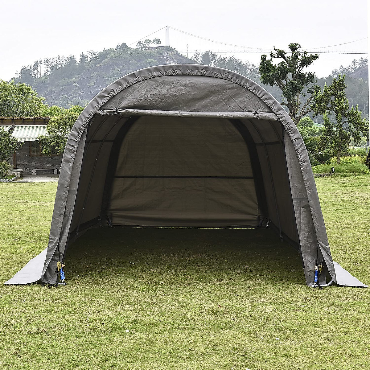 Bestmart Heavy Duty Round Carport with Zipper Portable Garage Outdoor Storage Shed Canopy Gray,10x20ft