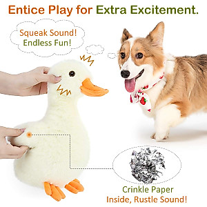 Pawaboo Squeak Plush Duck Dog Toy, Large 12'' Super Soft Plush Stuffed Duck-Shaped Pet Toys, Crinkle Paper Rattle Pet Biting Training Chew Toys Non-Toxic Plush Doll for Pet Dogs, Light Yellow/Orange