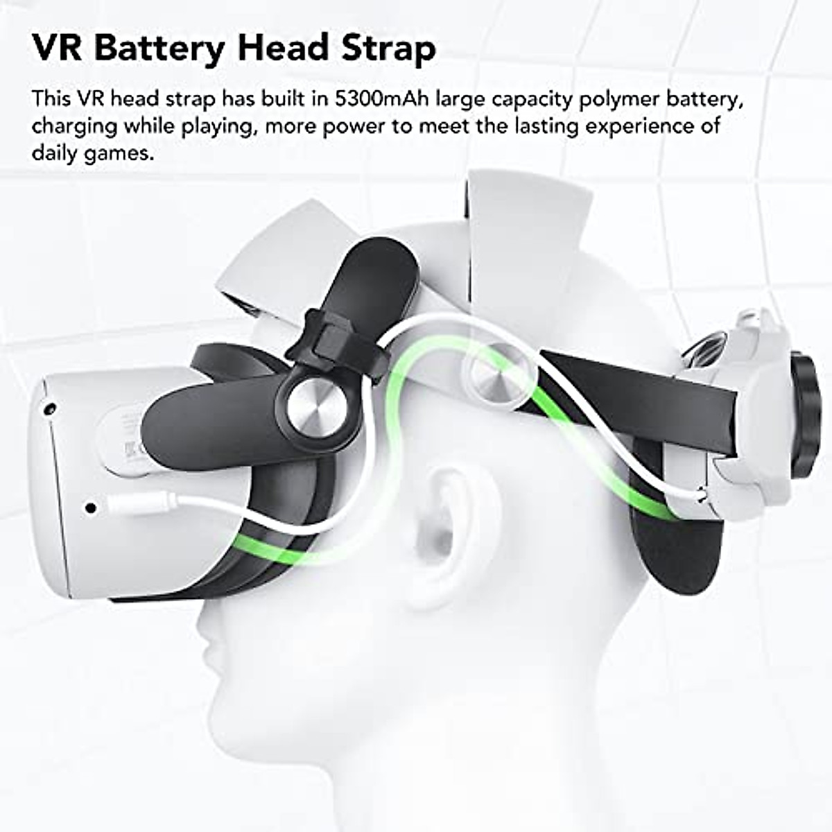 Battery Pack Head Strap for Quest 2, VR Head Strap Removable Sponge and ABS VR Headband for OculusQuest 2 Entertainment, 5300mAh Large Capacity Battery