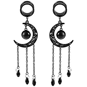 Maxbott 2PCS Fashion Black Chain Moon Earrings Plugs Tunnels Stainless Steel Pendant Ear Gauges Body Piercing Jewelry (14mm(9/16"), Black)