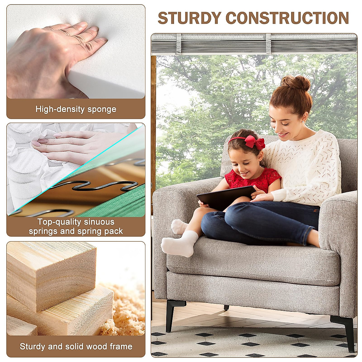 CDCASA Accent Chair, Linen Fabric Oversized Mid Century Modern Chair Set of 1, Comfy Upholstered Armchair Reading Accent Chairs Sofa Chairs for Bedroom Living Room, Light Brown