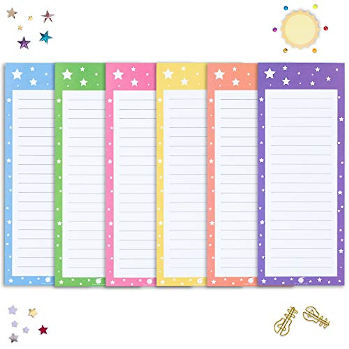 Peach Tree Shade Magnetic Notepads, 6-Pack 60 Sheets Per Pad 3.5” x 9”, Star Patterns, for Fridge, Kitchen, Shopping, Grocery, To-Do List, Memo, Reminder, Note, Book, Stationery (Starnotes Sunrise)