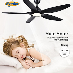 Newday 60 inch Black Ceiling Fan with Light Remote Control, Dimmable 3 CCT LED Ceiling Fans with Lights, 6 Speeds Reversible DC Motor Modern Ceiling Fan for Living Room Bedroom Indoor Outdoor