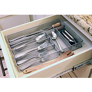 Mesh Large Cutlery Tray with Foam Feet - 6 Compartments - Kitchen Organization/Silverware Storage Utensil Flatware Tray