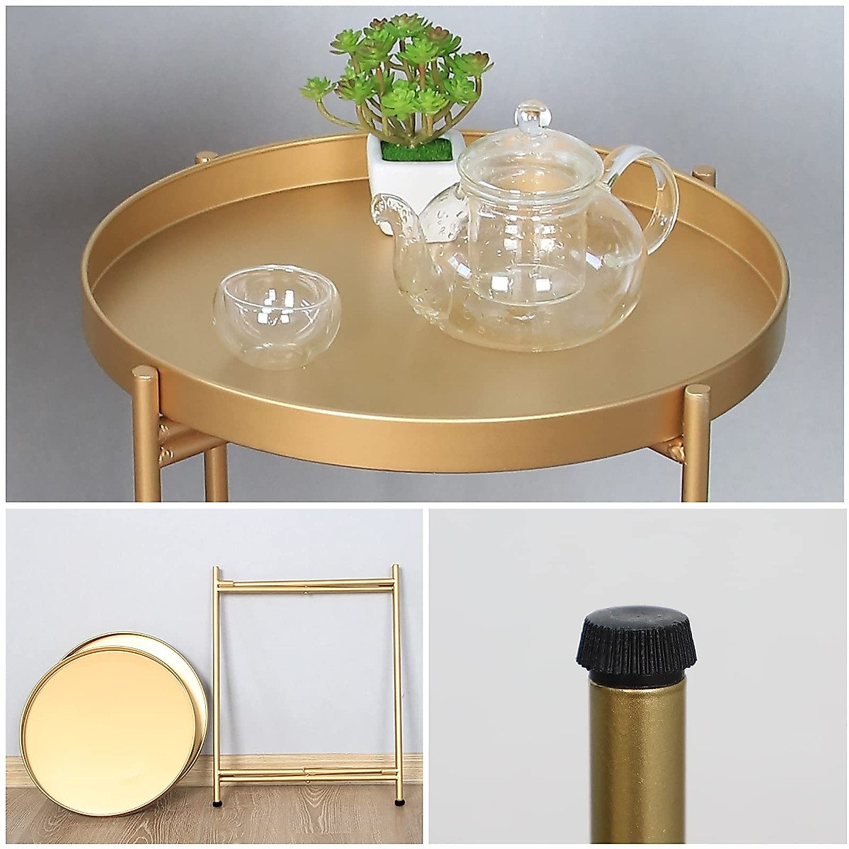 FUNME Gold Folding End Table 2-Tier Metal Round Side Table with Removable Tray for Living Room,(15.2''Dx20''H)