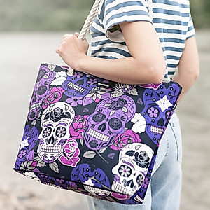 Skullistic Sugar Skull Purple Shoulder Bag - Beach, Travel & Gym, Thick Canvas, L18.5 x H13.5 x W5