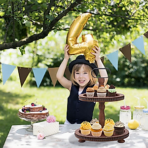 Urban Deco Wooden Decorative Tray Two Tiered Tray Decorations Round Serving Tray with Metal Handle, Wooden Cupcake Stand for Party Tiered Dessert Stand - Dark Brown Farmhouse Wooden Tray