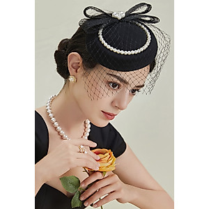 BABEYOND Veil Fascinator Hat for Women Tea Party Kentucky Derby Fascinator Hat Pillbox Hat Feather Fascinator with Pearl (Black)