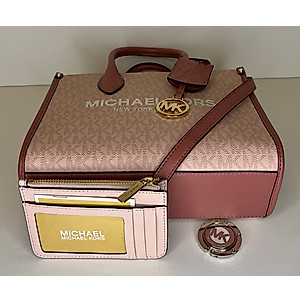 Michael Kors Mirella Small Shopper Top Zip Bag bundled SM TZ Coinpouch Purse Hook (Pink MK Signature)