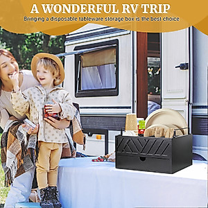 Paper Plate Dispenser with Drawer, Paper Plate Holder for Kitchen Counter, Wood Rustic Silverware Utensil Caddy, Cutlery Flatware Organizer for Cup Spoon Fork Plates Napkins, Black Kitchen Accessories