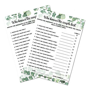 RokAPary Eucalyptus Who Knows The Couple Best, Wedding, Bridal Shower, Bachelorette or Engagement Party Game, Couples Guessing Play Pack of 50 Cards 5”x7” Made in USA