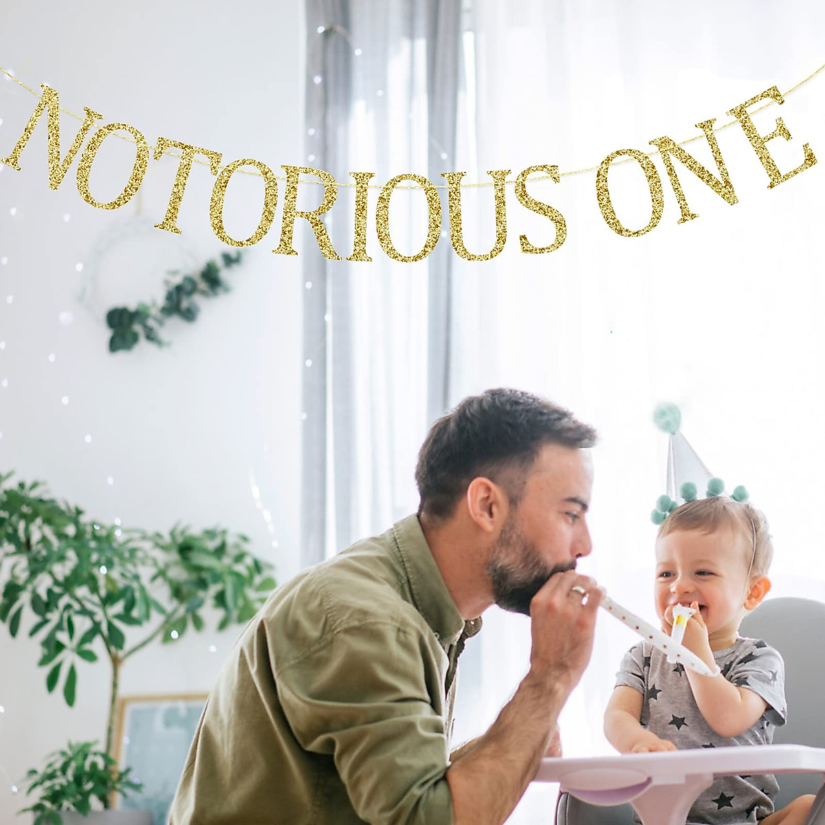 Notorious One Banner, First Birthday Party Decorations Supplies, Hip Hop Theme One Year Old Bday Bunting Sign, Pre-strung, Gold Glitter