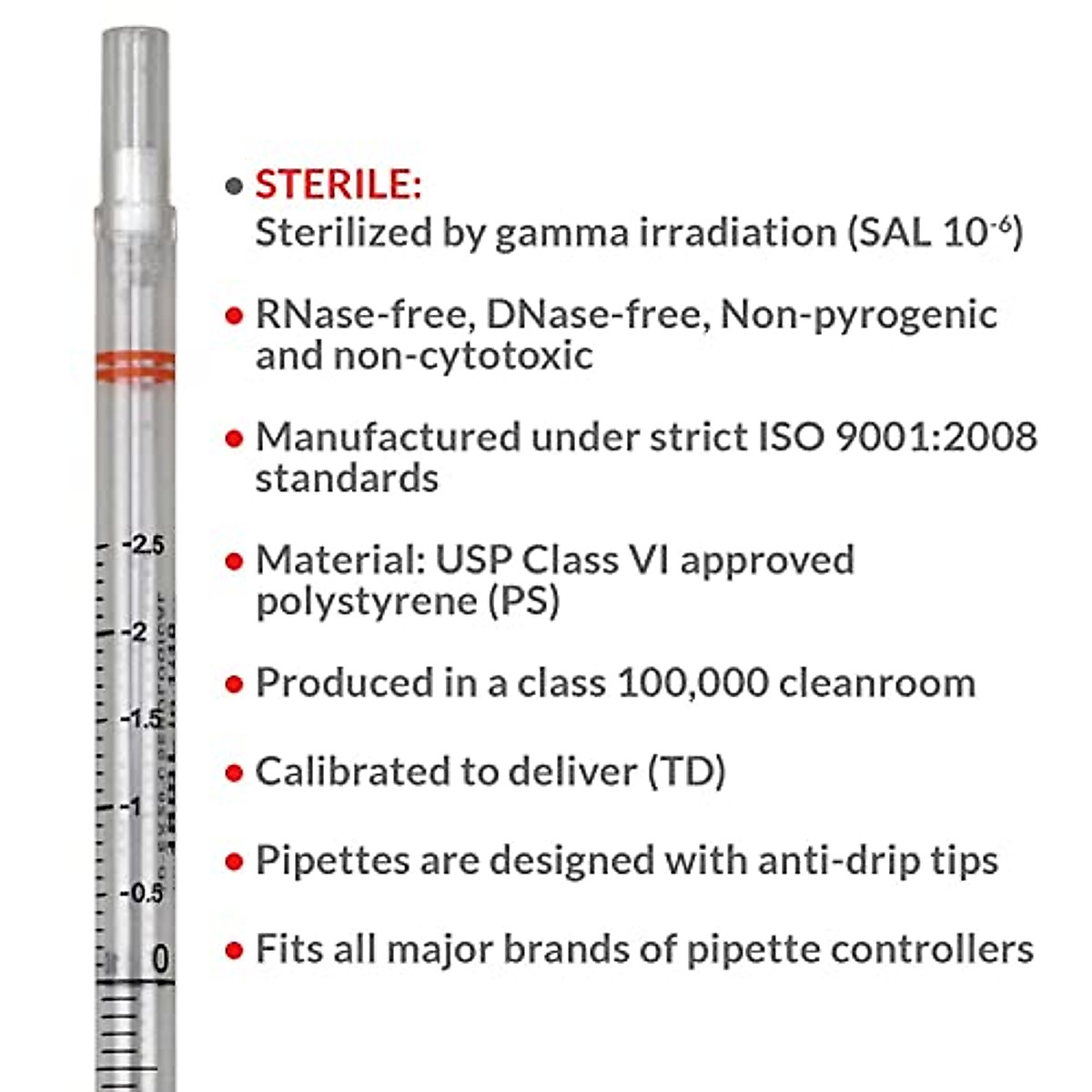 Globe Scientific 1760 Polystyrene UniPlast Serological Pipette, 10mL Capacity, Standard Tip, 297mm Length, Sterile, Orange Striped, Individually Wrapped (Case of 200)