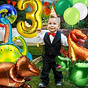 Dinosaur Birthday Party Decorations Supplies, 3 Years Old Boy Birthday Celebration Set Dinosaur Party Balloon Birthday Banner Dino Themed for Kid's Birthday Party, Gold Green