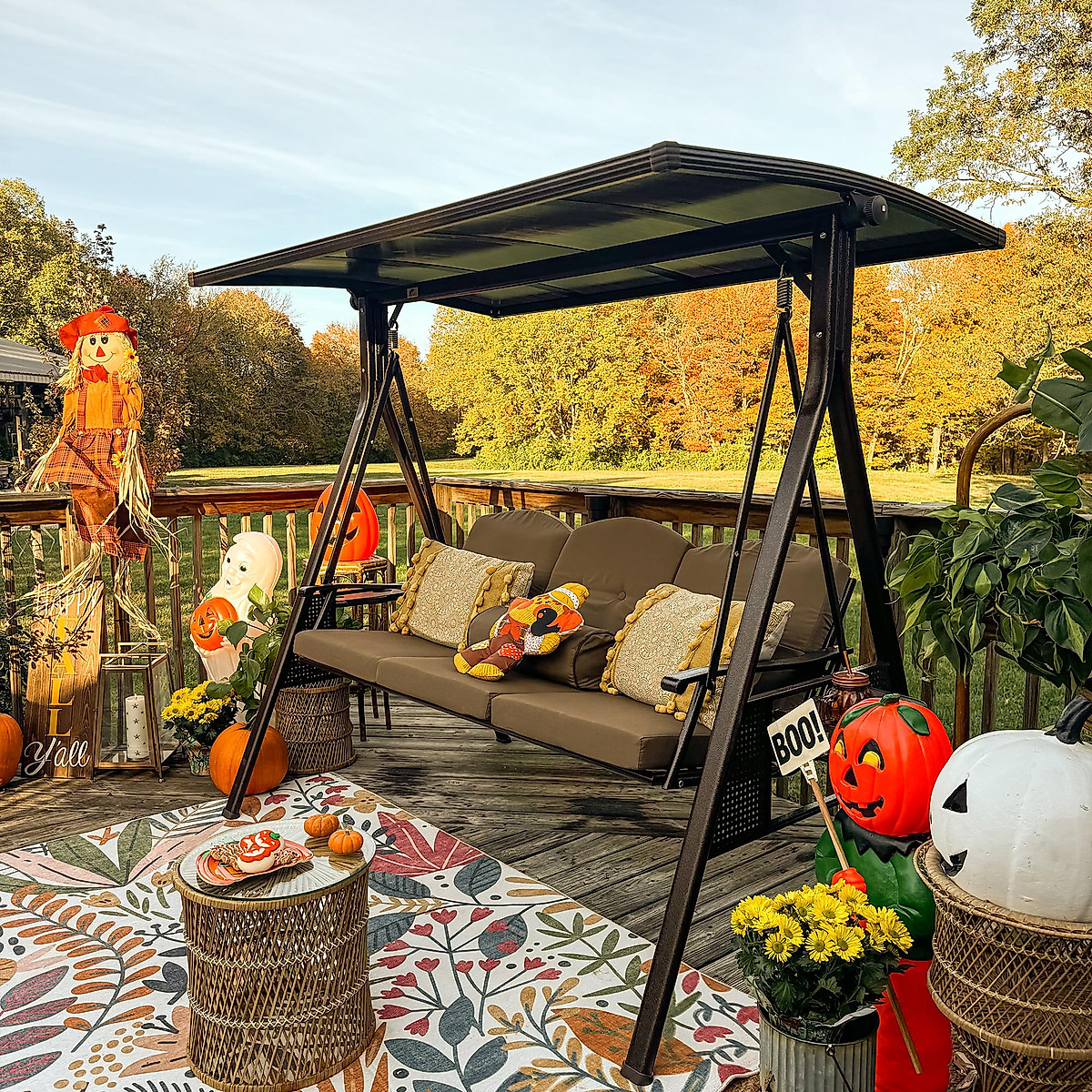 PURPLE LEAF Outdoor Patio Porch Swing with Adjustable PVC Canopy, 3-seat Swing Chair Bench with Side Cup Holder for Backyard Front Porch Lawn, Cushions and Pillow Included, Beige