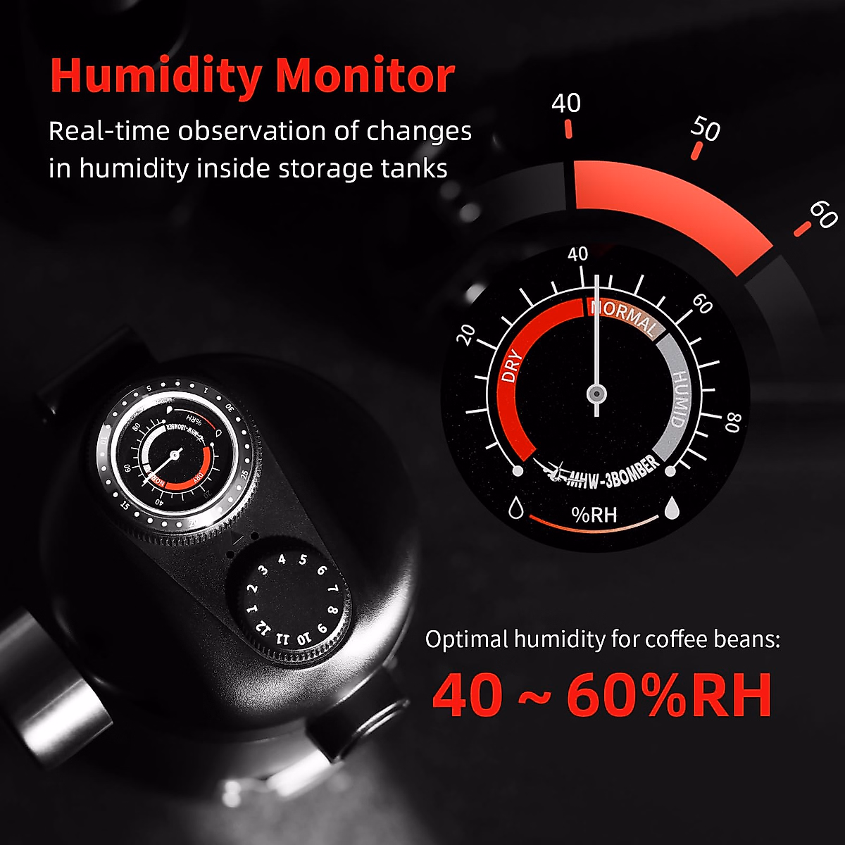 MHW-3BOMBER Camping Airtight Coffee Canister with Humidity Monitor, Travel Vacuum Coffee Storage Container with Magnetic Measuring Scoop for Grounds Coffee, Beans, CO2 Exhaust Valve, S6140B-OS