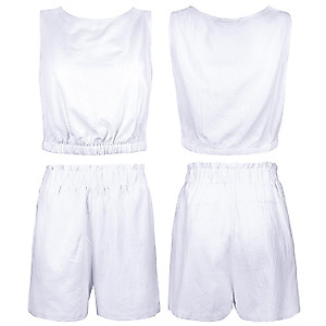 FAMCYINN Women Summer 2 Piece Outfits Crew Neck Crop Top Tank Elastic Waistband Casual Shorts Set with Pocket White XL