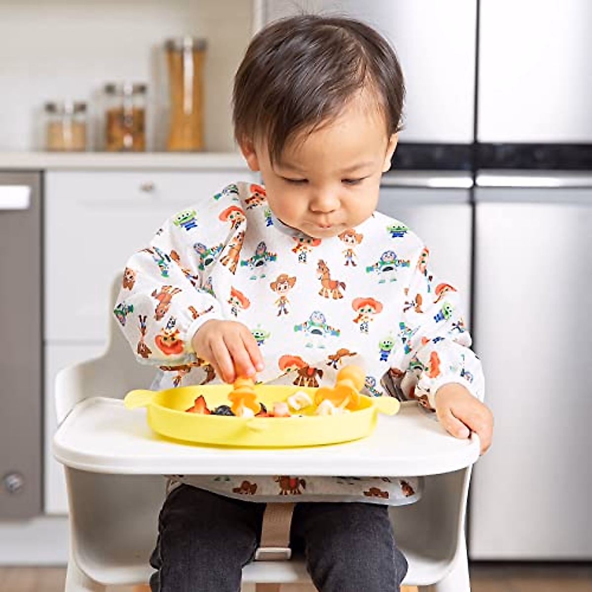 Bumkins Disney Sleeved Bib for Girl or Boy, Baby and Toddler for 6-24 Mos, Essential Must Have for Eating, Feeding, Baby Led Weaning Supplies, Long Sleeve Mess Saving Food Catcher, Toy Story
