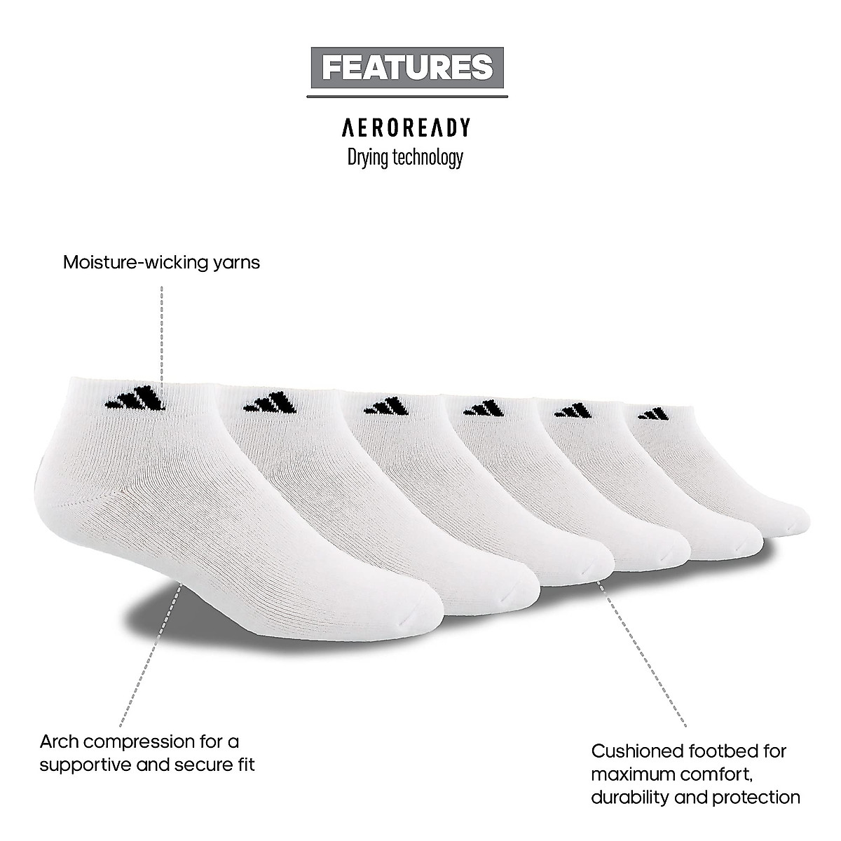 adidas Men's Athletic Cushioned Low Cut Socks with Arch Compression for a Secure fit (6-Pair), White/Black, XL