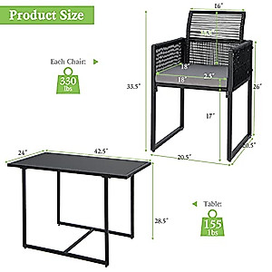 Tangkula 3 Pieces Outdoor Dining Set, Patio PE Rattan Furniture Set with Folding Backrest, Cozy Seat Cushions, Tempered Glass Tabletop, Space-Saving Rattan Chair Table Set for Backyard, Poolside