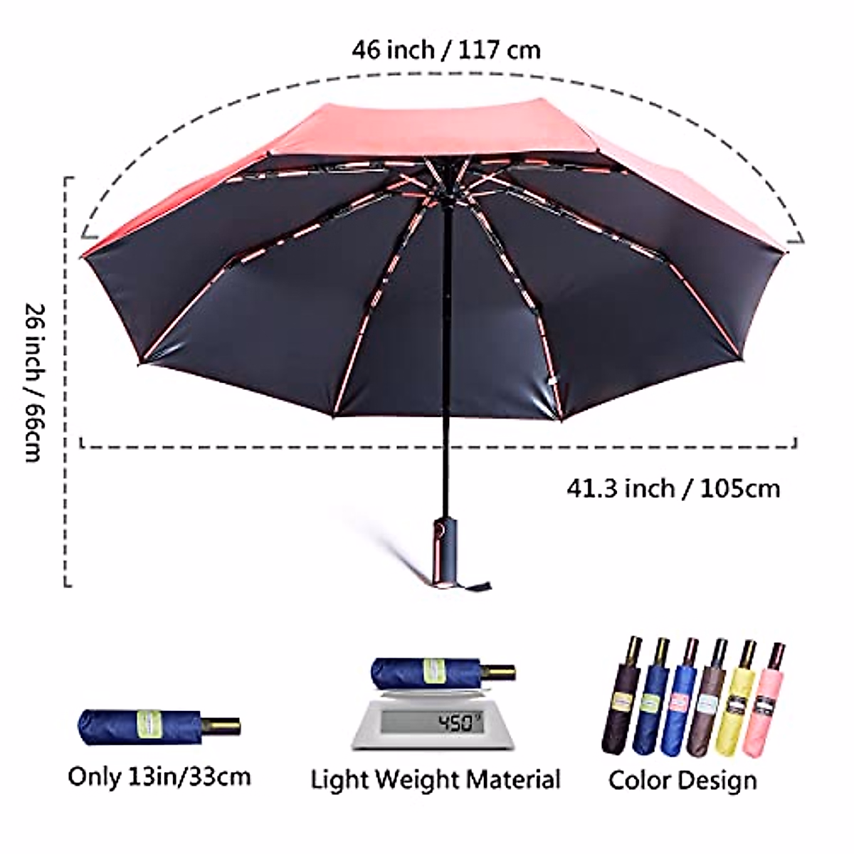 HOSA Auto Open Close Compact Portable Lightweight Automatic Repel Folding Travel Umbrella Ergonomic Handle Double Fiberglass Ribs Windproof UV Protection, For Raining Sunny Days Night Time Use