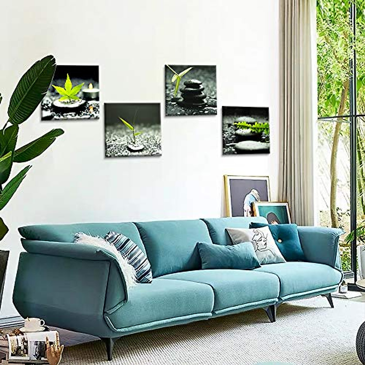 Artscope 4 Pieces Canvas Prints Wall Art - Green Leaf Raindrops and Stones Picture Painting- Modern Wall Artwork Framed for Bathroom Home Office Decor - 12 x 12 Inch