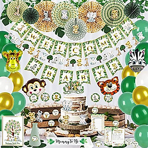 270 Piece Jungle Safari Baby Shower Decorations for Boy Or Girl Kit | Gender Neutral Animal Decor | Banners Garland Fans Guestbook Sash Balloons Cake Topper Games Stickers Creature Cutouts Ivy Vines