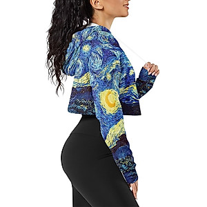 DISNIMO Van Gogh Starry Night Crop Top Hoodie for Women Teen Girls L Long Sleeve Shirt Athletic Sweatshirt Drawstring Hooded Pullover Tops Fall Outfits Running Gym Sport Clothing