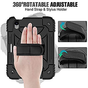 SUPNICE iPad Mini 6 Case (8.3 inch 2021 Release), iPad Mini 6th Generation Case, Shockproof Rugged Kids Case with [360 Rotating Stand] [2nd Pencil Holder] [Hand Strap] for iPad Mini 6th Gen 8.3-Black