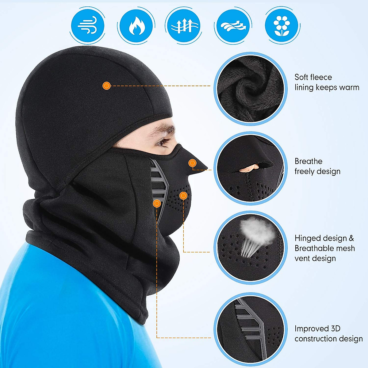 IRELIA Winter Windproof Fleece Ski Mask Balaclava Headwear Motorcycle Thermal Face Mask Bandanas Black