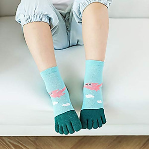 Petyoung 5 Pair Kids Toe Socks, Cartoon Five Finger Crew Ankle Sock Breathable Running Toe Socks for 0-10Y Boys and Girls