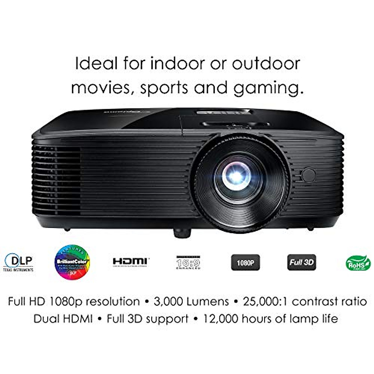 Optoma HD143X Affordable High Performance 1080p Home Theater Projector, 3000 Lumens, 3D Support, Long 12000 Lamp Life, for Indoor and Outdoor Movies, Built In Speaker