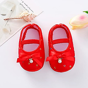 Lykmera Princess Walking Shoes for Baby Girl Pearl Sole Shoes Hanging Bow Sneaker Shoes Walking Shoes for Toddler Baby Girl (Red, 0-3Months)