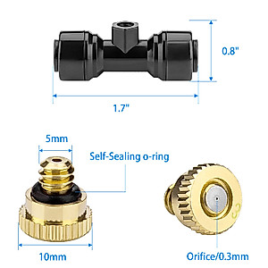 20 Pack Brass Mister Nozzles with 20 Pack Misting Nozzle Tees with 2 Pack End Plugs for Outdoor Cooling System Patio Misting System