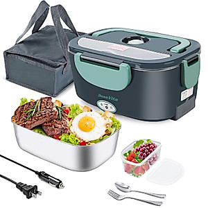 Electric Lunch Box Food Heater 80W Upgraded Leak-proof Heated Lunch Box 12V 24V 110V-230V 3 in 1 Portable Food Warmer for Car/Truck/Office with 304 Stainless Steel Container Spoon & Fork and Carry Bag