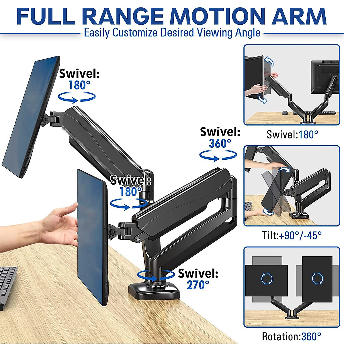 Stellar Mounts Dual Spring LCD Monitor Arms with USB and Multimedia Ports for: Dell S2722QC 27-inch 4K USB-C Monitor - UHD (3840 x 2160) Display, 60Hz Refresh Rate, 8MS Grey-to-Grey Response Time