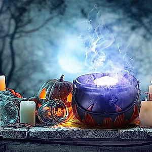 Halloween Cauldron Mister 12 LED Fogger Mist Maker Witches Cauldron Witch Jar Atomizer Lamp Punch Bowl Candy Fire Flame Bucket Fogger Misting Cauldron Halloween Home Outdoor Party Decorations