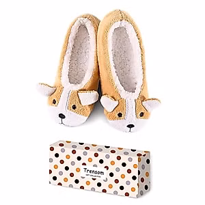 TRENSOM Fun Cute Fuzzy Slipper Socks for Women with Grippers Non Slip House Socks, Corgi Fuzzy Socks Fuzzy Animal Socks Corgi Gifts for Corgi Lovers