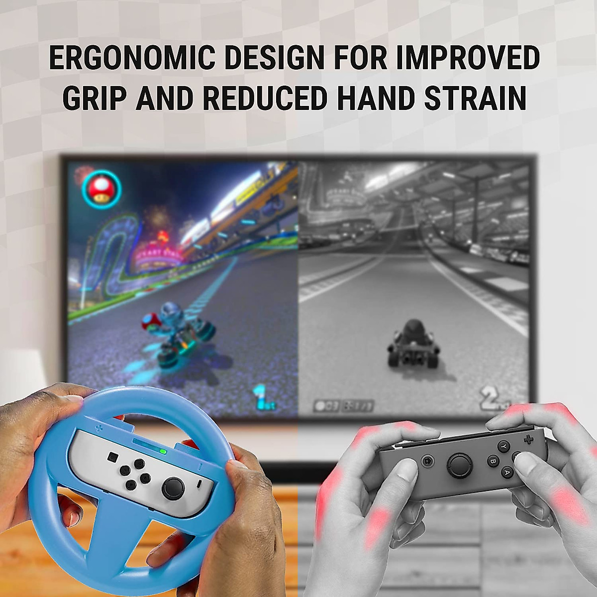 Orzly Steering Wheels for Nintendo Switch & OLED JoyCons, Racing Wheels for Mario Kart 8 Deluxe [Mariokart Switch Steering Wheel Joycon Controller Attachment Accessories] - TWIN PACK[1x Red & 1x Blue]